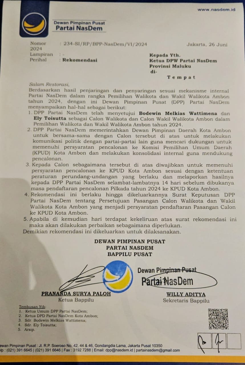 Sah, Bodewin Wattimena dan Ely Toisuta Kantongi Rekomendasi NasDem di ...